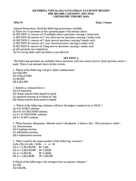 Kvs Lucknow Xii Che Qp And Ms Pre Board 23 24 Pdf Osmosis Proteins