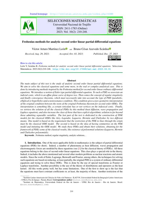 Pdf Frobenius Methods For Analytic Second Order Linear Partial Differential Equations