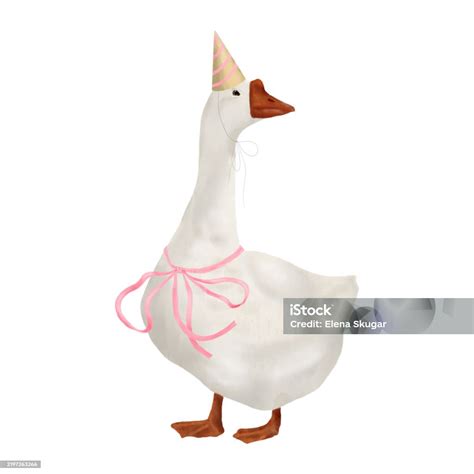 파티 모자를 쓰고 분홍색 리본을 가진 흰색 국내 거위 수채화 디지털 일러스트레이션 귀여운 농장 새 흰 배경에 고립 된 새끼 기러기 성별 공개 파티 생일 부활절 및 가정 섬유