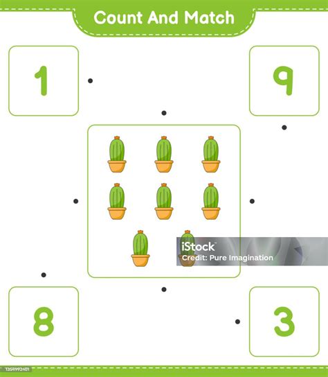 계산 및 일치 선인장의 수를 계산하고 올바른 숫자와 일치합니다 교육 어린이 게임 인쇄 워크 시트 벡터 일러스트레이션 0명에 대한 스톡 벡터 아트 및 기타 이미지 Istock