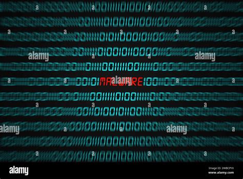 red word malware hidden in the middle of a binary code sequence stock