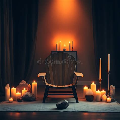 A Low Profile Wooden Meditation Chair Surrounded By Candles And