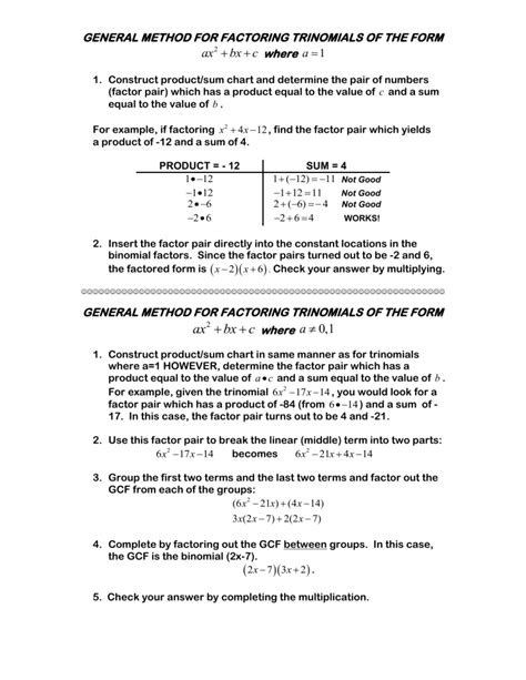 Ax Bx C General Method For Factoring Trinomials Of The Form