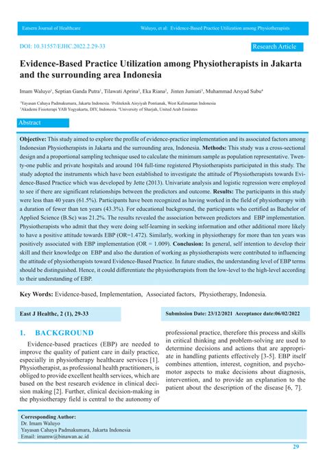 Pdf Evidence Based Practice Utilization Among Physiotherapists In Jakarta And The Surrounding