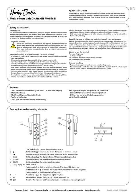 Harley Benton Multi Effects Unit Dnafx Git Mobile Ii Quick Start Manual