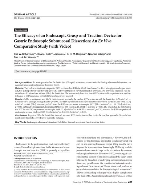 Pdf The Efficacy Of An Endoscopic Grasp And Traction Device For Gastric Endoscopic Submucosal
