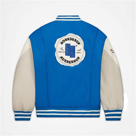 blue and white full zip converse shapes ader error varsity jacket