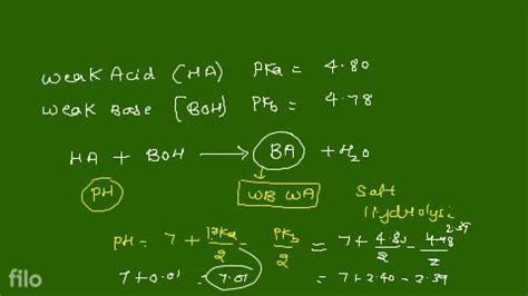 The pKa of a weak acid, HA is 4.80. The pKb of a weak base, BOH, is 4.7..