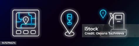 라인 위치 및 주유소지도가있는 Gps 장치 및 알코올 또는 맥주 바 위치 아이콘을 설정합니다 빛나는 네온 벡터 가솔린에 대한 스톡 벡터 아트 및 기타 이미지 Istock