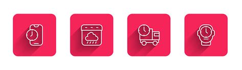 라인 알람 시계 앱 모바일 달력 가을 배달 트럭 및 시간과 긴 그림자가있는 시계를 설정합니다 빨간색 사각형 버튼 벡터 0명에