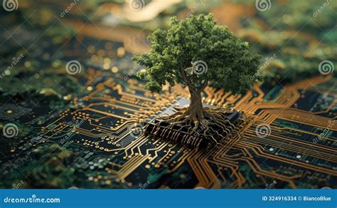 The Growing Green Tree On The Cpu On The Land Of Mainboard And Circuits