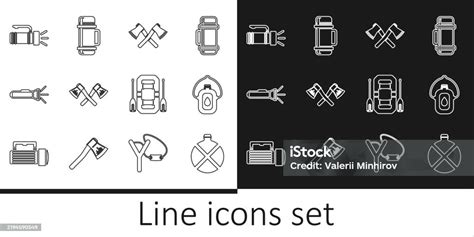 세트 라인 매점 물병 교차 나무 도끼 손전등 래프팅 보트 및 보온병 컨테이너 아이콘 벡터 강에 대한 스톡 벡터 아트 및 기타 이미지 Istock