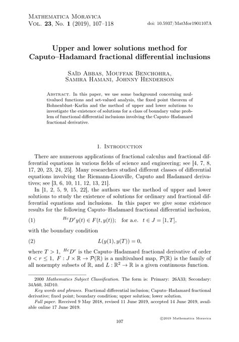 Pdf Upper And Lower Solutions Method For Caputo Hadamard Fractional Differential Inclusions