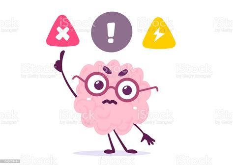 손가락 포인트 업 과 흰색 배경에 경고 기호와 안경핑크 인간의 뇌 캐릭터의 벡터 창조적 인 그림 심각한 두뇌의 플랫 낙서 스타일 지식 개념 디자인 과학에 대한 스톡 벡터