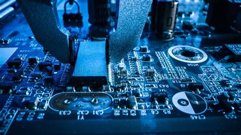 Macro Close Up Shot Of Factory Machine At Work Printed Circuit Board Being Assembled With