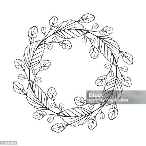 다양한 잎의 잎이 많은 화환 가을 테마의 둥근 프레임 윤곽선 그리기 초대장 디자인 스크랩북 로고 태그를위한 나뭇 가지가있는 서클 벡터 일러스트 레이 션 검은 색 꽃 테두리