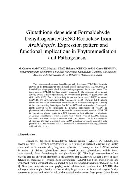 Pdf Glutathione Dependent Formaldehyde Dehydrogenasegsno Reductase From Arabidopsis