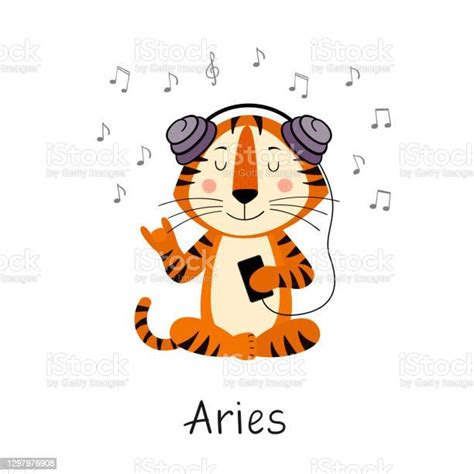 조디악 사인 양자리 음악을 듣고 헤드폰 귀여운 호랑이 2022 년 별자리의 개념 중국 달력에 따라 호랑이의 년 흰색으로 격리된 벡터 스톡 핸드 그린 일러스트레이션 0명에