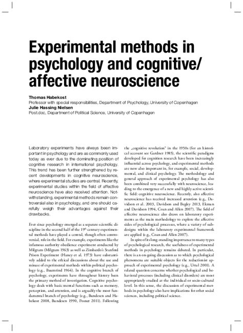 Pdf Experimental Methods In Pyschology And Cognitive And Affective