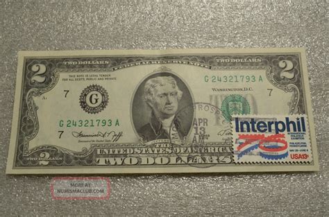 First Day Issue Green Seal Uncirc 2 Dollar Bill W Stamp Bi Centennial
