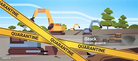 황색 경고 테이프 오픈 캐스트 채석장에 전염병 Merscov 검역주의 불도저 코로나 바이러스 감염 우한 2019ncov 전염병 건강 위험 개념 수평 감기와 독감에 대한 스톡