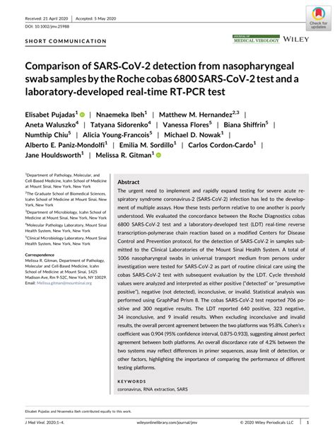 Pdf Comparison Of Sars‐cov‐2 Detection From Nasopharyngeal Swab Samples By The Roche Cobas