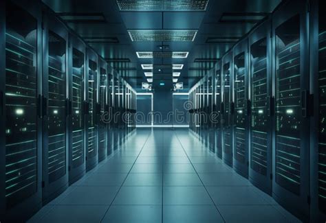 Shot Of Modern Data Center With Multiple Rows Of Fully Operational