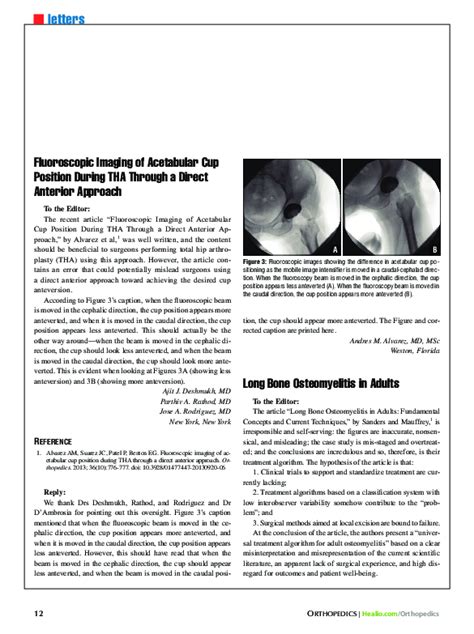 Pdf Fluoroscopic Imaging Of Acetabular Cup Position During Tha Through A Direct Anterior Approach