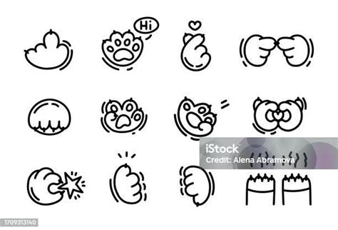 선형 고양이 발 스티커는 다른 손 제스처와 함께 손 아이콘 이모티콘 세트 가공의 인물에 대한 스톡 벡터 아트 및 기타 이미지 가공의 인물 가축 갈고리 발톱 Istock