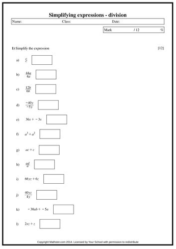 Simplifying Expressions Division Teaching Resources