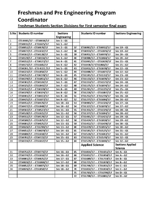 Section Assignment New Freshman And Pre Engineering Program