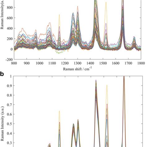 The Raw Raman Spectra A And The Preprocessed Raman Spectra B Of 84 Download Scientific