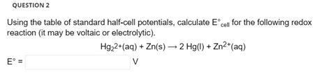 Solved Question 2 Using The Table Of Standard Half Cell Potentials