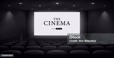 흰색 빈 스크린이 있는 영화관 줄지어 앉은 좌석 검은색 영화관 의자 극장 텅 빈 장면 영화관 사실적인 렌더링 플랫 스타일 만화 디자인 미니멀리즘 벡터 Eps10