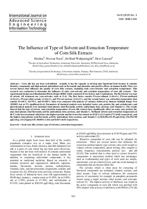 Pdf The Influence Of Type Of Solvent And Extraction Temperature Of Corn Silk Extracts