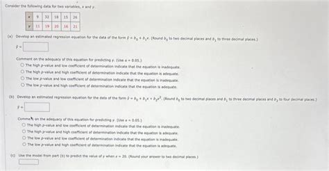 solved consider the following data for two variables x and