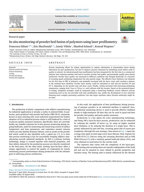 Pdf In Situ Monitoring Of Powder Bed Fusion Of Polymers Using Laser