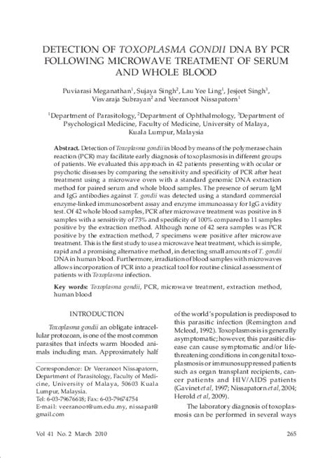 Pdf Detection Of Toxoplasma Gondii Dna By Pcr Following Microwave Treatment Of Serum And Whole