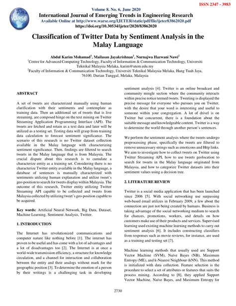 Pdf Classification Of Twitter Data By Sentiment Analysis In The Malay