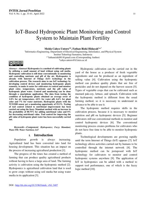 Pdf Iot Based Hydroponic Plant Monitoring And Control System To