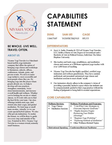 Capabilities Statement Niyama Yogi Traveler