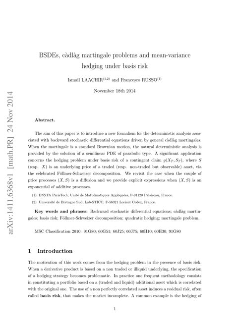 Pdf Bsdes C`adl`ag Martingale Problems And Mean Variance Hedging