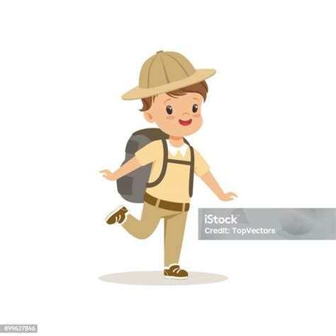 귀여운 리틀 보가 스카우트 제복 배낭 야외 캠프 활동 벡터 일러스트 레이 션에 관광에 대한 스톡 벡터 아트 및 기타 이미지