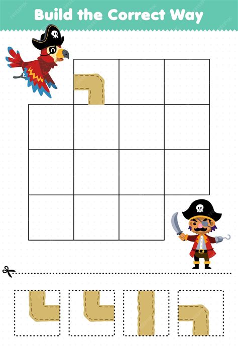 어린이를 위한 교육 게임은 귀여운 만화 앵무새가 선장 캐릭터 인쇄 가능한 해적 워크시트로 이동할 수 있도록 올바른 방법을 구축합니다 프리미엄 벡터