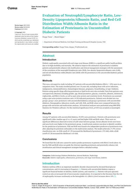Pdf Evaluation Of Neutrophil Lymphocyte Ratio Low Density Lipoprotein Albumin Ratio And Red