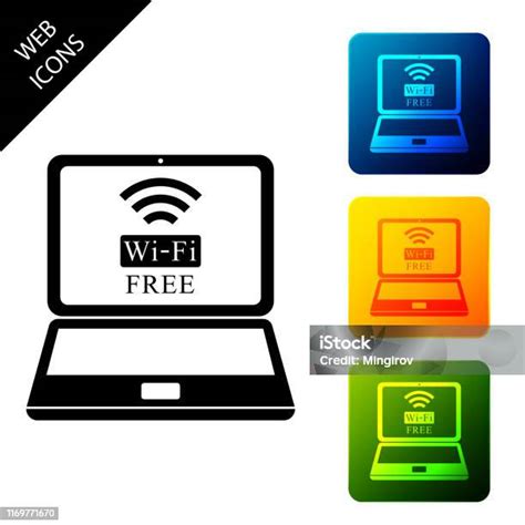 노트북 및 무료 Wifi 무선 연결 아이콘이 분리되어 있습니다 무선 기술 Wifi 연결 무선 네트워크 핫스팟 개념 설정 아이콘 다채로운 사각형 버튼 벡터 일러스트레이션