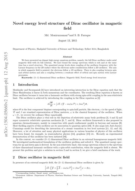 Pdf Novel Energy Level Structure Of Dirac Oscillator In Magnetic Field