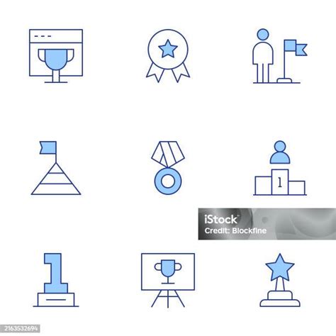 우승자 아이콘 세트입니다 라인 이중톤 스타일 편집 가능한 스트로크 최고의 직원 메달 트로피 상 목표 깃발 승리