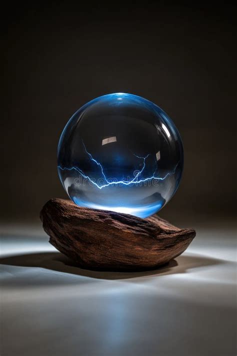 Mystical Glowing Orb With Blue Lightning Effect On Wood Base Stock