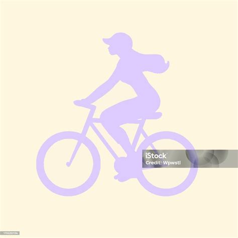 크림색 배경에 보라색 자전거 타는 사람의 실루엣 여자는 자전거를 타고 머리카락을 흘리며 활동과 신선한 공기의 즐거움을 보여줍니다 도로에 대한 스톡 벡터 아트 및 기타 이미지